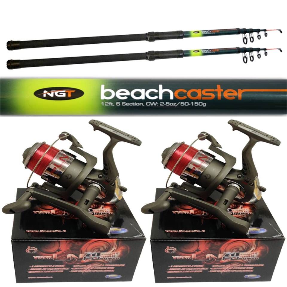 2 X 12FT TELESCOPIC BEACHCASTER RODS AND 2 LN70 REELS SET SEA BEACH ...