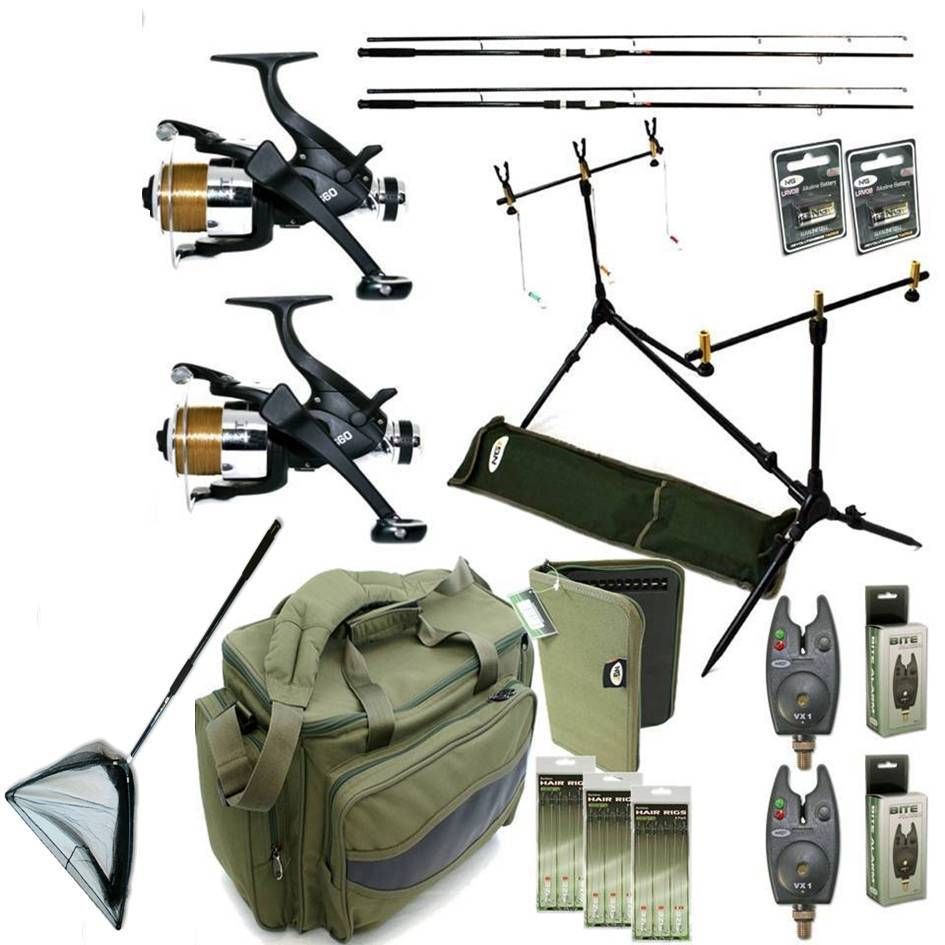 Full Carp Fishing set up NGT 2 Rods Reels Bag Bite Alarms Net Rigs ...